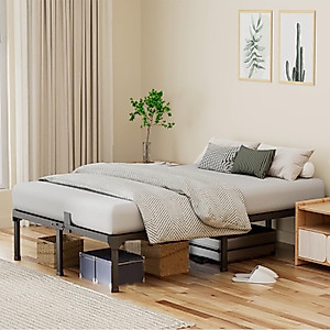 ROIL 14 Inch Queen Size Bed Frame with Mattress Slide Stopper - Double Black Basic Anti Squeak Steel Slats Metal Platform, Heavy Duty Noise Free Easy Assembly Bedframes, No Box Spring Needed