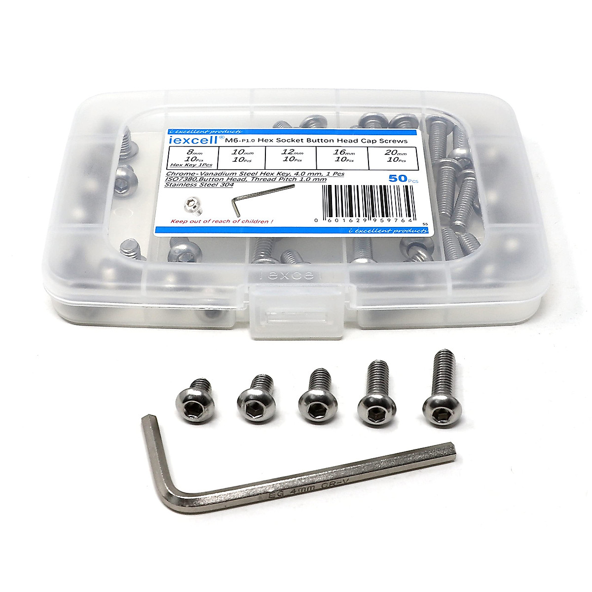 iexcell 50 Pcs M6 x 8/10/12/16/20 Stainless Steel 304 Hex Socket Button Head Cap Screws Bolts Assortment Kit, Thread Pitch 1.0 mm