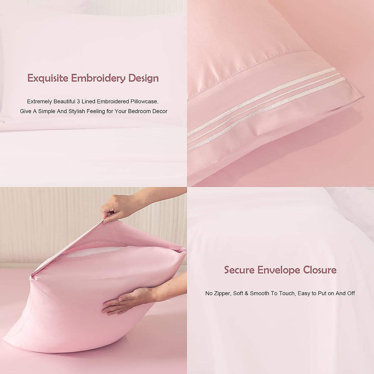 REDKEY Full Size Sheet Pillowcase Set - 4 Piece Soft Bedding Sheets & Pillowcases Sets Luxurious Deep Pocket Full Bed Sheets Pillowcase with Envelope Closure (Full,Baby Pink)