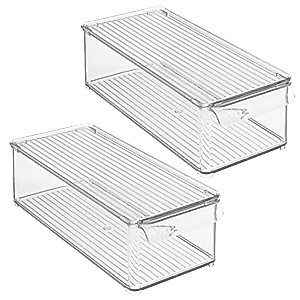 mDesign Slim Plastic Food Storage Container Bin with Lid and Front Handle for Kitchen, Pantry, Cabinet, Fridge and Freezer - Organizer for Snacks, Produce, Vegetables, Pasta, Drinks - 2 Pack - Clear