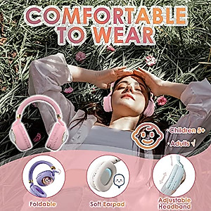 Girls Kids Headphones Wired - Pink Noise Cancelling Wireless Headphones for Kids for School - Over Ear Light Up Foldable Cat Bluetooth Gaming Headset with Microphone for iPad Kindle Tablet PC Travel
