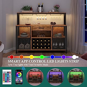 Gyfimoie Wine Bar Cabinet with Drawer and LED Lights, 55 Inches Industry Coffee Bar Cabinet with Wine Rack and Glass Goblet Holder, Kitchen Sideboard Buffet Cabinet for Liquor and Goblet