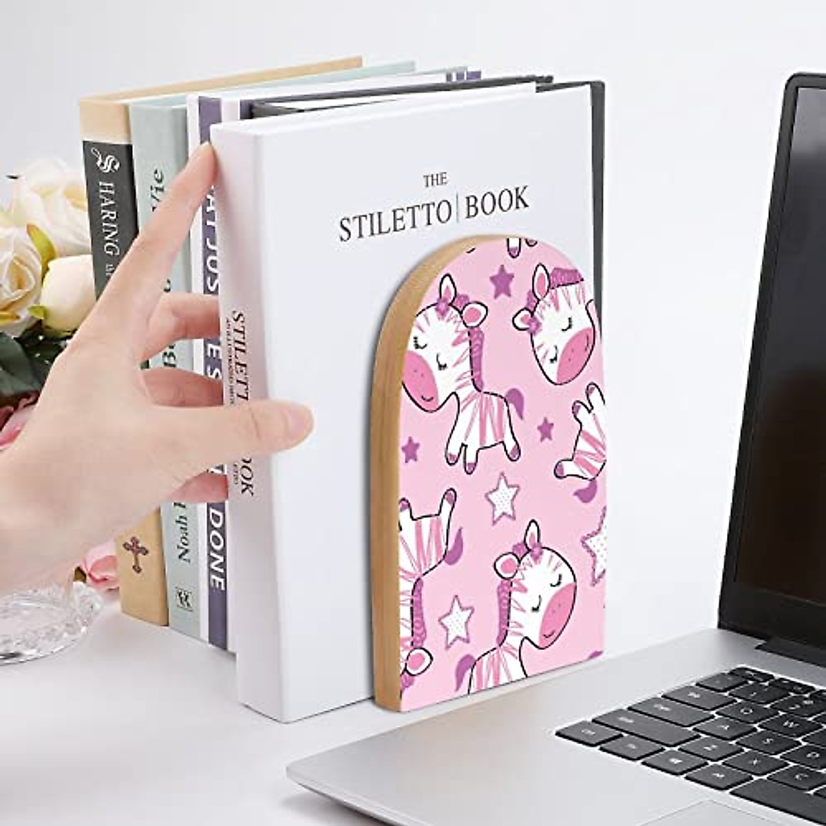 Pack of 2 Bookend Unicorns Pink Non-Slip Book Stand Wooden Bookshelf Books Holder for Home Desk Office Library