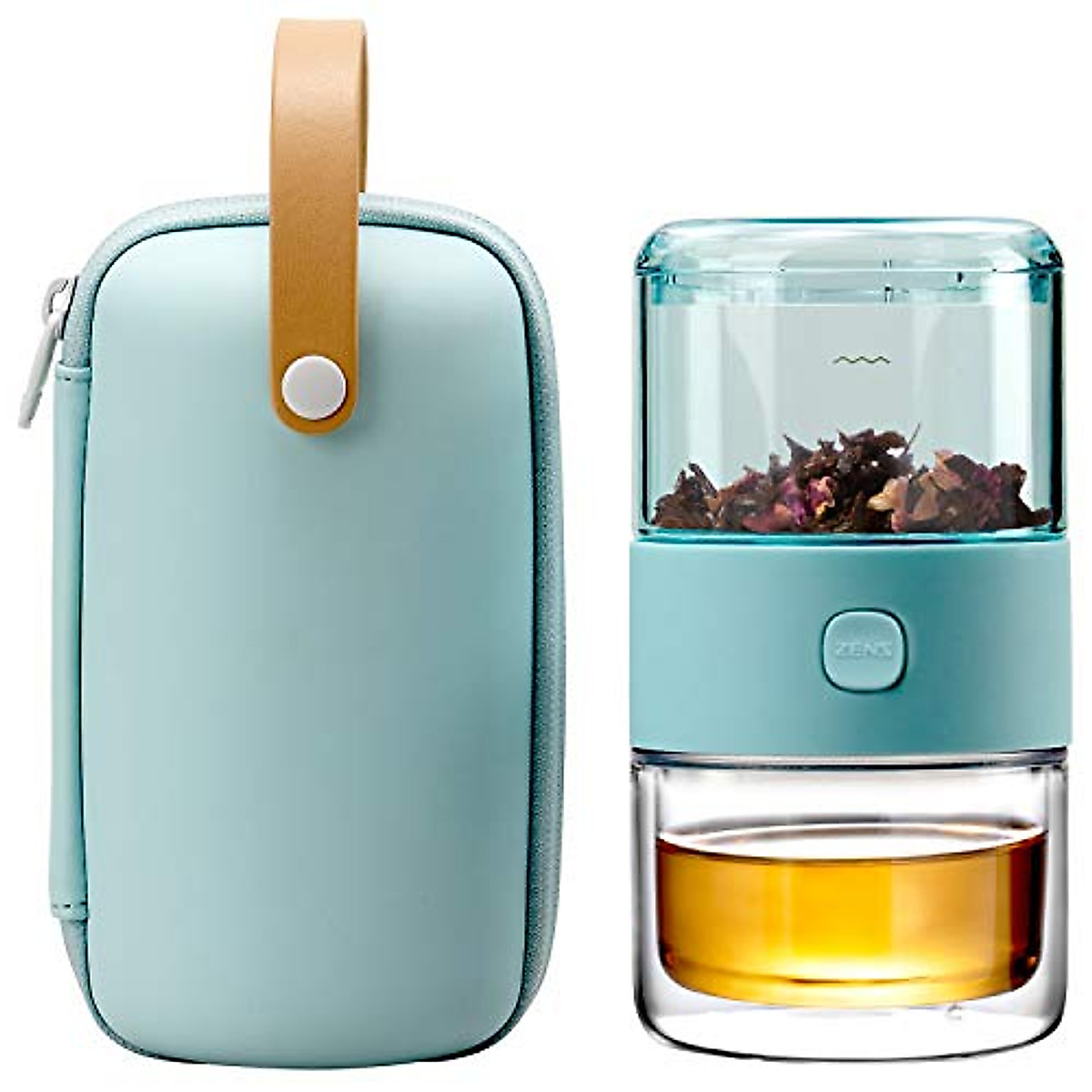 ZENS Travel Tea Set,Tritan Portable Teapot Infuser Set for One with 200ml Double Walled Teacup for Loose Tea,To Go Light Green Travel Case for Office or Homeworking Daily Tea