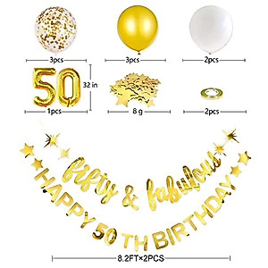 Gold Fifty & Fabulous Happy 50th Birthday Banner Garland Foil Balloon 50 for Womens 50th Birthday Decorations Hanging 50 and Fabulous Cheers to 50 Years Old Birthday Party Supplies Backdrop