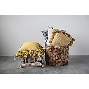 Creative Co-Op Square Block Print Chambray Back & Frayed Tassels Pillow, Cream & Rust