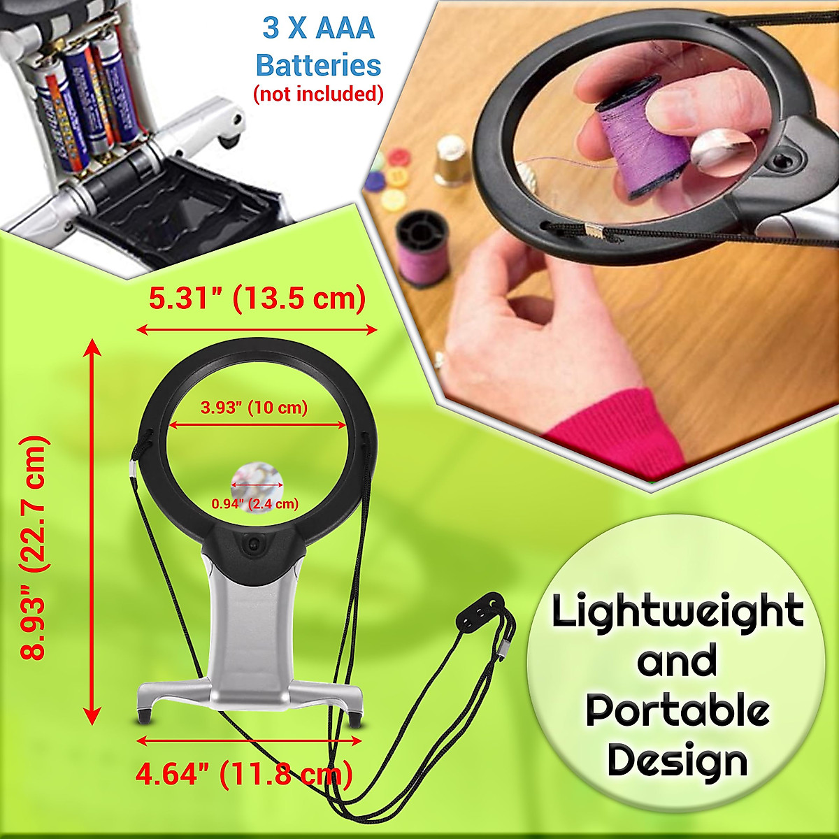 ARSUK Magnifying Glasses with Light, Hands-Free Neck Magnifier for Reading Sewing Cross Stitching Needlework Crafts Hobby Jewelry Repair, 2X 6X Magnification Hanging Cord & Desk Stand