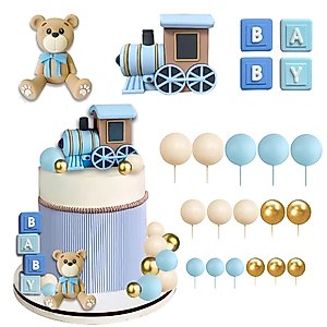 22 PCS Bear Cake Toppers Train Cake Toppers Bear Balls Cake Decorations with Train BABY Letters for Baby Shower Gender Reveal Bear Themed Birthday Party Supplies