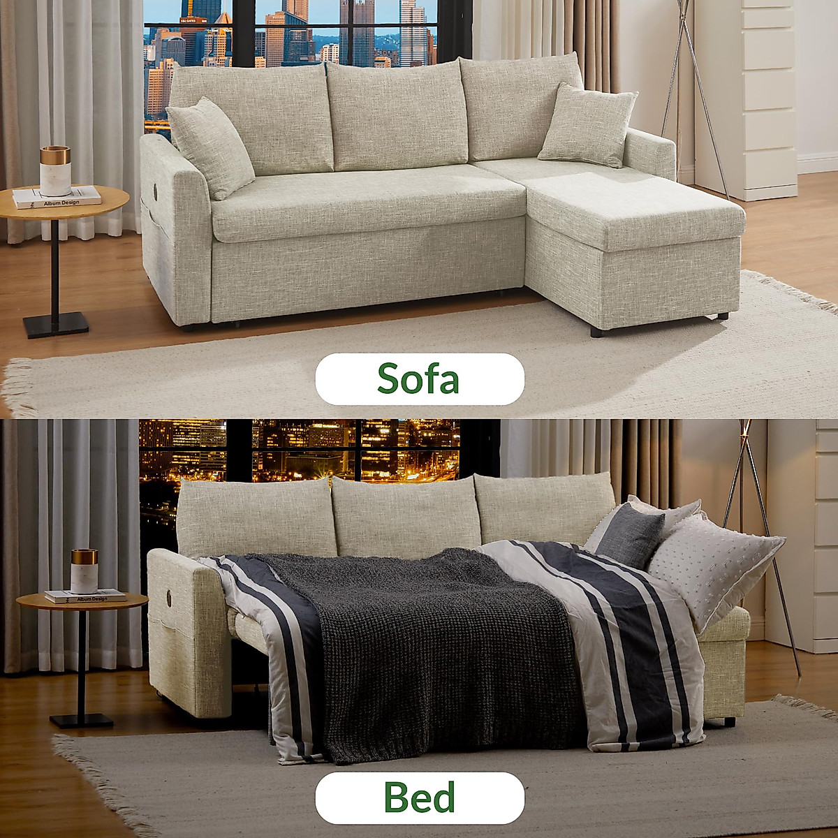 ODIKA L Shaped Convertible Sleeper Sofa Bed, 84" Sectional Couch for Living Room - Dual USB-C Charging, Pull Out Bed, Reversible Chaise with Storage & Pockets, Removable & Washable Beige Linen Covers