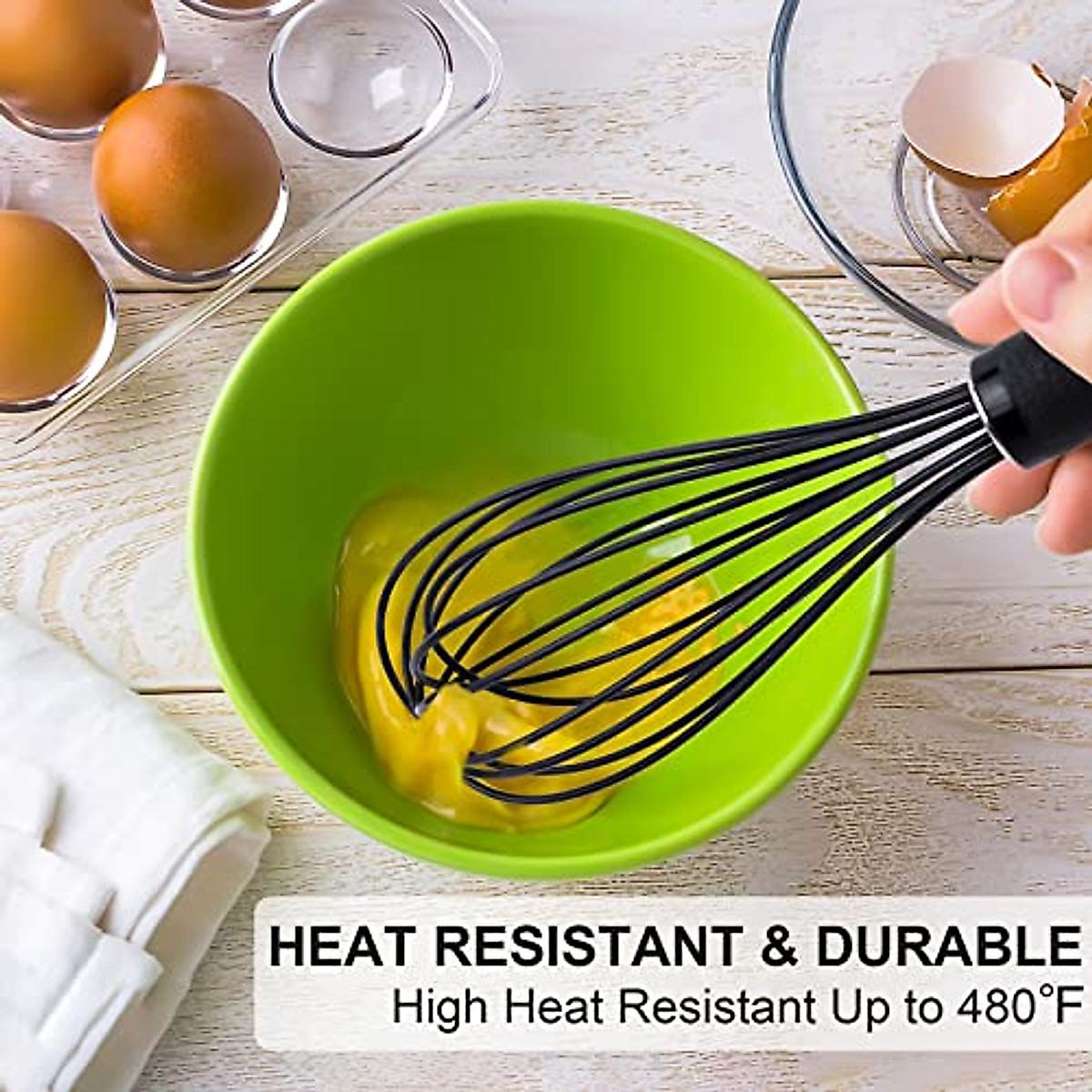 DIGHEIGG Silicone Whisk for Cooking, Wisk Set Egg Beater for Non-Stick Cookware for Whisking, Blending, Beating, Frothing & Stirring Kitchen Decor and Accessories, Black, Set of 2