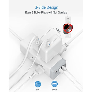 Surge Protector Extension Cord 6 Feet, TESSAN Flat Plug Power Strip with 6 Outlet and 3 USB Ports, 3 Prong Desk Charging Station for Home Office Supplies, Dorm Room Essentials, 13A/1625W, 1050J White