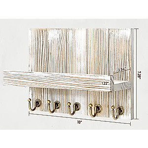 Rebee Vision Farmhouse Key Holder for Wall - Decorative Mail Organizer and Retro Key Hanger for Wall - 5 Sturdy Key Hooks with Small Floating Shelf for Rustic Apartment Essentials (Natural Wood)