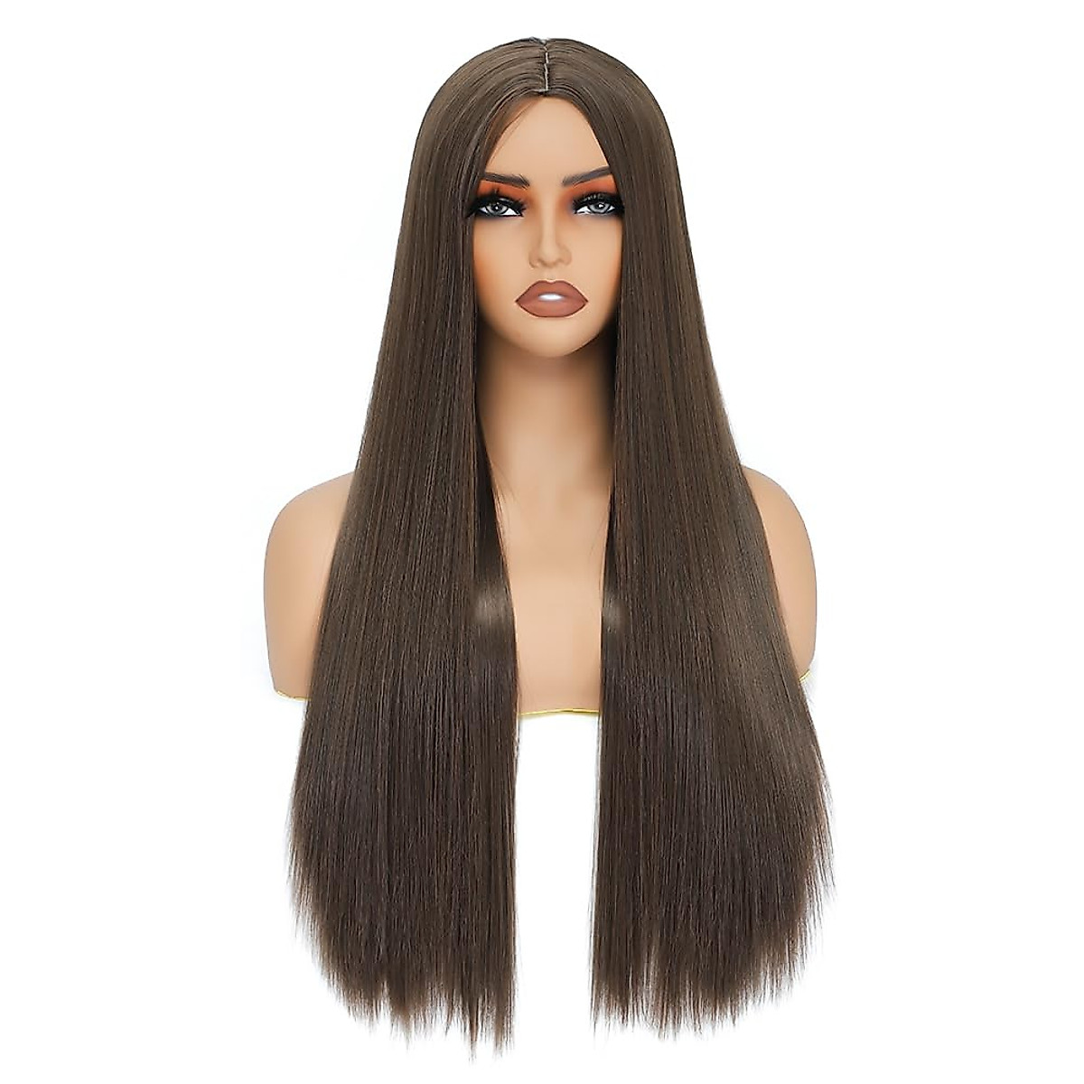 X-TRESS Long Straight Wigs Ash Brown Color Middle Part Brown Wig 28 inch Synthetic Wig for Daily Party