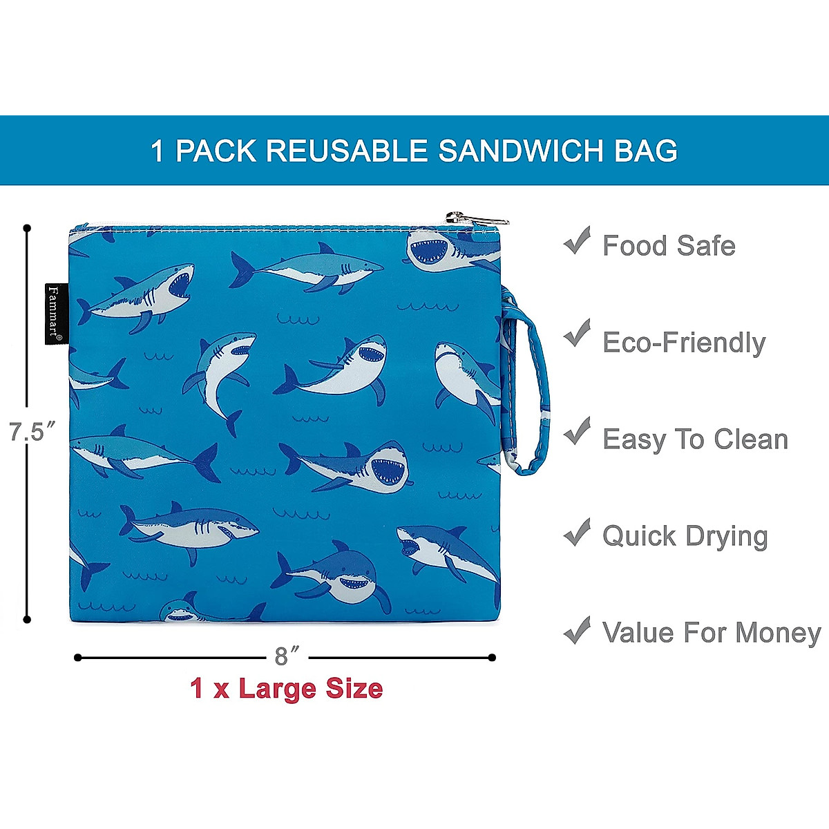 Reusable Sandwich Bag/Snack Bag for Kids & Adults, Dual Layer Lunch Bag with Handle, Washable, Food Safe, BPA Free (1-Pack, Shark)