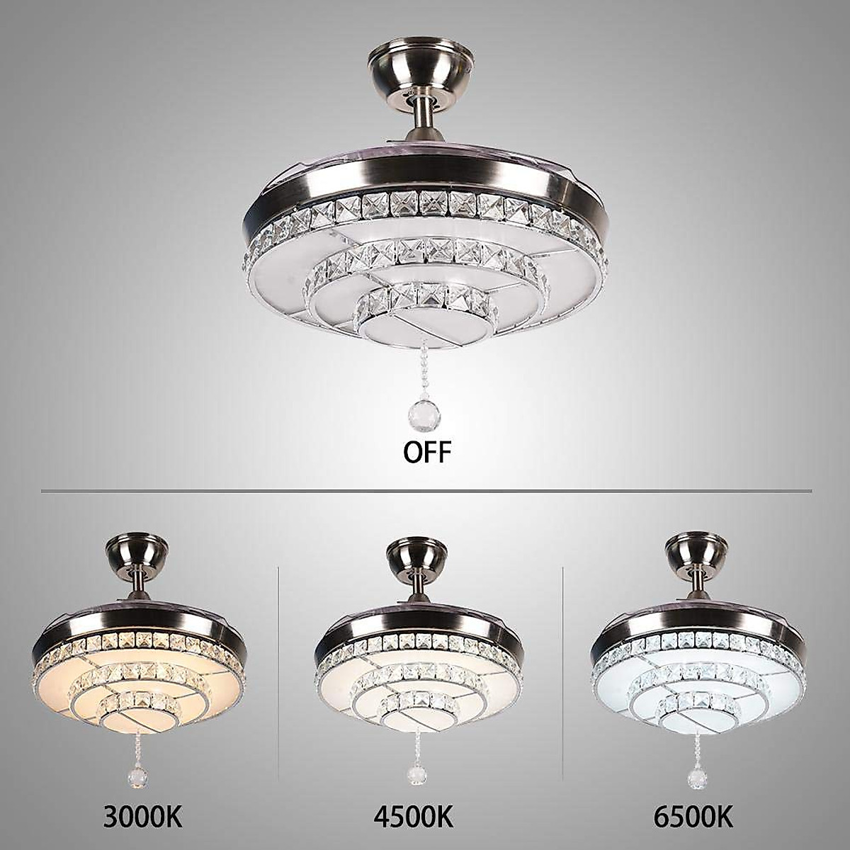 efperfect 42" Crystal Ceiling Fan with Light Retractable Blades Chrome Modern LED Chandelier Remote 3 Color Changes 3 Speeds Silent Ceiling Fans Lighting Fixture, LED Kits Included