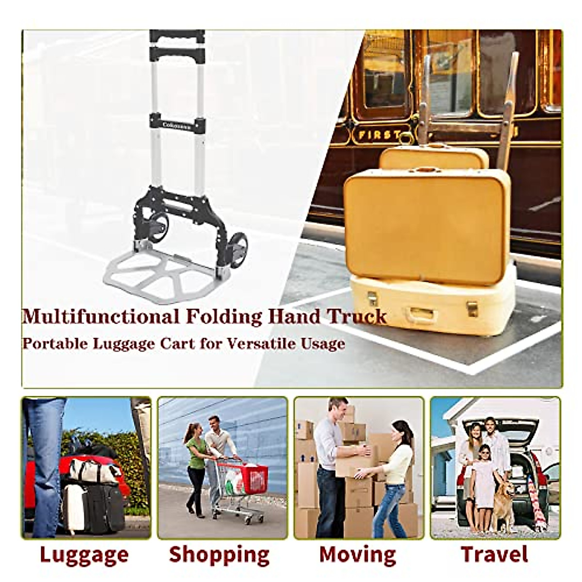 Folding Hand Truck and Personal Dolly, 165lbs Capacity Aluminium Portable Folding Hand Cart with Rubber Wheels and 2 Bungee Cord, Ideal for Home, Auto, Moving, Office, Travel