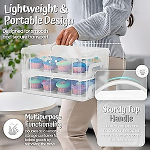 Flexzion Cupcake Carrier, Cupcake Holder for 24 Cupcakes, Portable and Reusable Rectangular Cake Carrier with Lid and Handle, 2 Tier Stackable Layer Insert (Clear)