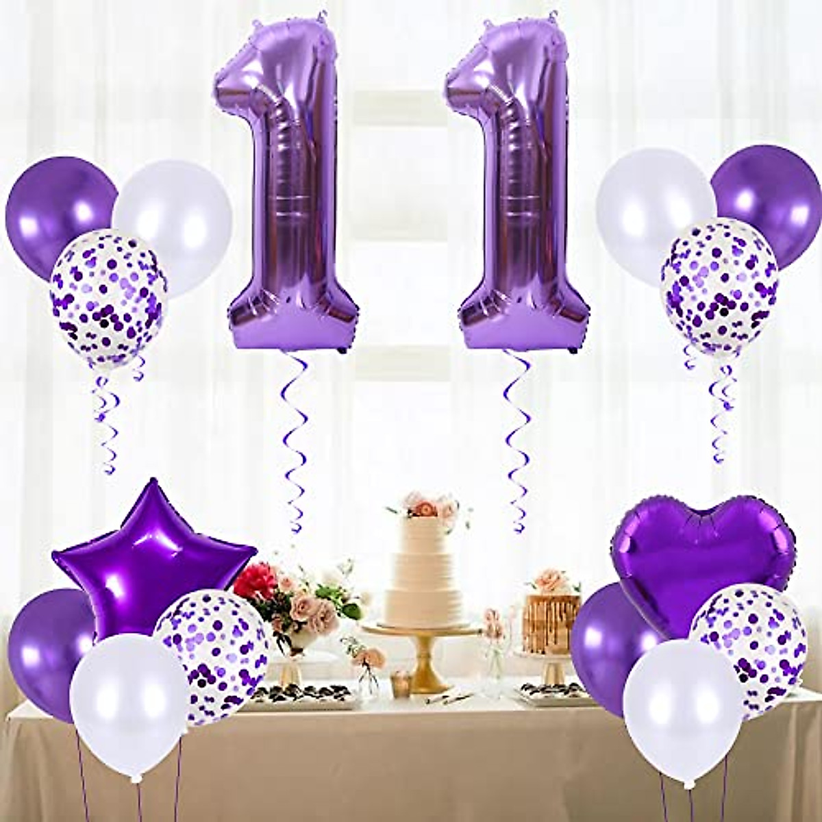 Maigendoo 11 Number Balloon Set Digit Balloons Latex Balloon Confetti Balloon Heart Star Moon Foil Mylar Balloon with Swirl Decorations for 11th Birthday Party Graduation Anniversary Event, Purple