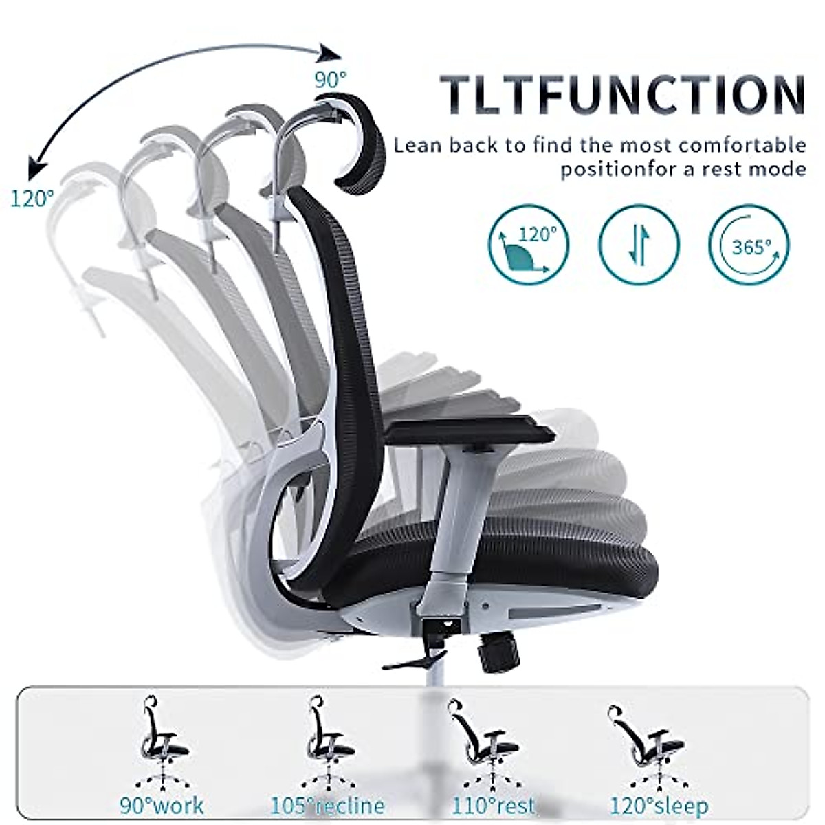 KARXAS Ergonomic Office Chair High Back Desk Chair with Adjustable Lumbar Support, Headrest & 3D Metal Armrest - 130° Rocking Mesh Computer Chair（Black&Grey）