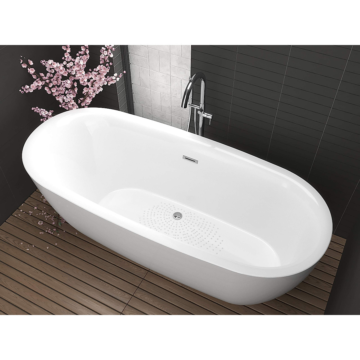 ANZZI Freestanding Tub 67”, Soaker Tub, Acrylic Center Drain, Luxury Spacious, Deep Soaker Bathtub with Overflow and Drain, Modern Slip-Resistant Floor (FT-AZ401)
