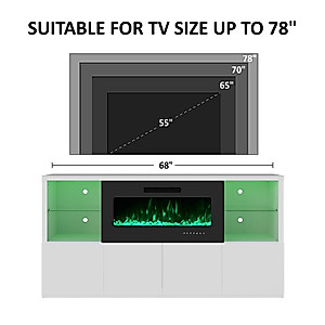 AMERLIFE 68'' Fireplace TV Stand with 40'' Fireplace, Modern High Gloss Fireplace Entertainment Center with LED Lights for TVs up to 78'', TV Console with Glass Shelves for Living Room, White & Black