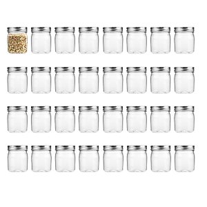 OMNISAFE 8 Ounce Clear Plastic Mason Jars With Screw On Lid, Reusable Empty Jars for Food Storage, Round BPA Free Containers for Sealing, Dry Food, Snacks, Candies, Breakage-proof, (Silver - 32 Pack)