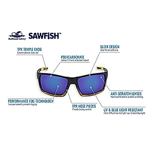 Bullhead Safety Sawfish Polarized Safety Glasses with Performance Fog Technology, Blue Light Glasses with UV Light Protection and Anti-Scratch Coating, Blue Mirror Lenses, Tortoise/Black Frame