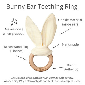 Ali+Oli Crinkle Bunny Ears Wooden Teethers for Babies (Natural) Bunny Ear Teething Ring, Wooden Toys for Babies, Gender Neutral Baby Gift, Teething Toys for Babies, Newborn Animal Teether Toys
