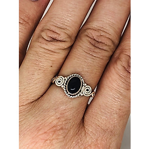 Oval Black Onyx Spiral Sides Small Ring 925 Sterling Silver Vintage Tribal Gipsy Boho (8)