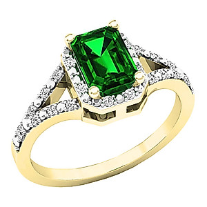 Dazzlingrock Collection 7x5mm Emerald Cut Lab Created Emerald & Round White Diamond Halo Split Shank Engagement Ring for Women in 10K Yellow Gold Size 6