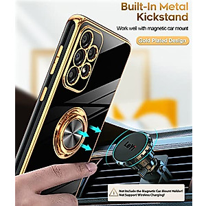 LeYi for Galaxy A53 5G Phone Case: with Tempered Glass Screen Protector [2 Pack] 360° Rotatable Ring Holder Magnetic Kickstand, Plating Rose Gold Edge Protective Case, Black