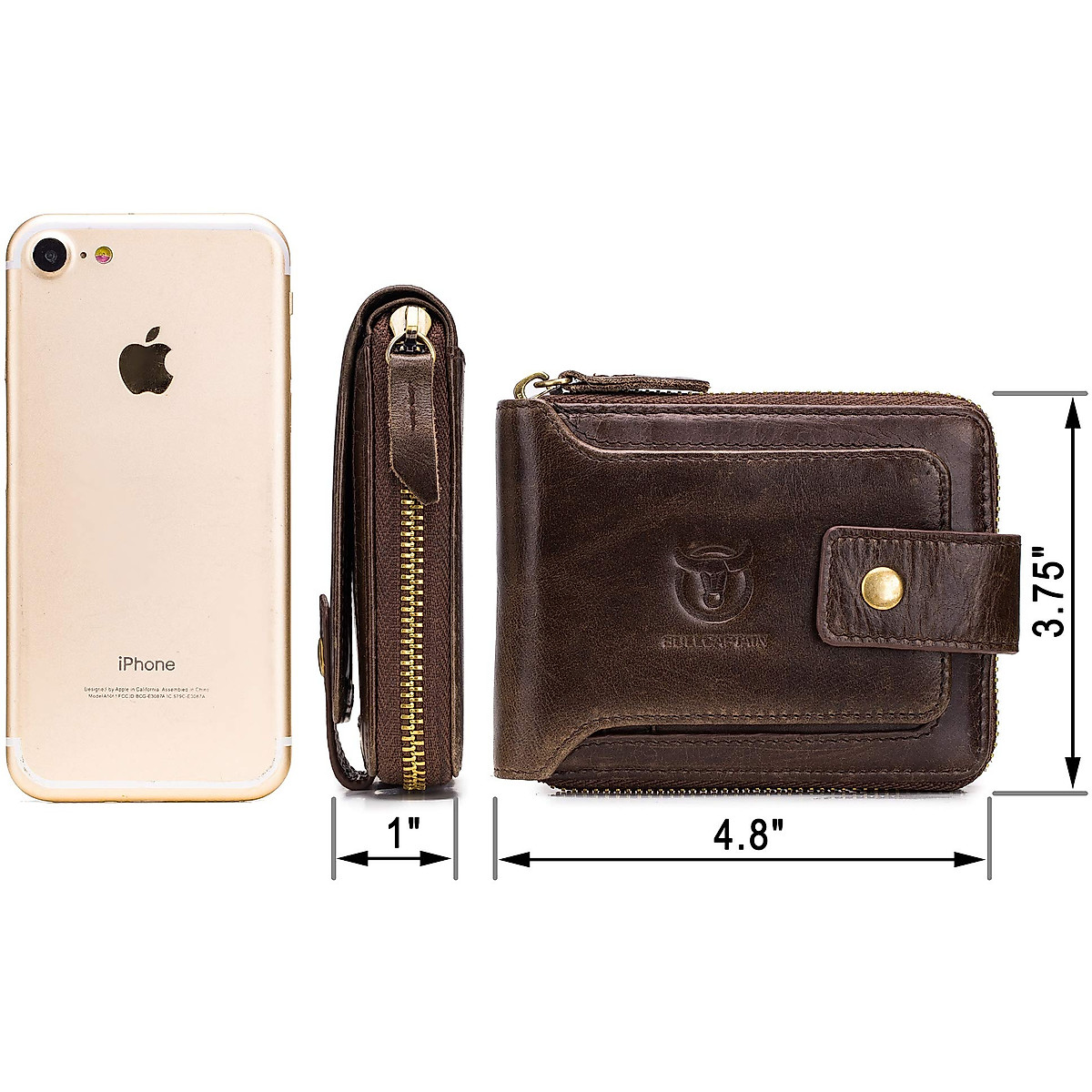 BULLCAPTAIN Men’s Genuine Leather Wallet,RFID Blocking Zip Around Bifold Multi Purse Cowhide Leather Vintage Secure Card Holder with ID Window (Brown)