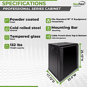 NavePoint 12U Server Rack Enclosure - 17.7” Deep, 12U Wall Mount Network Cabinet with Locking Glass Door for 19” IT Equipment, 12U Network Rack with 2 Fans, Removable Side Panels, Black