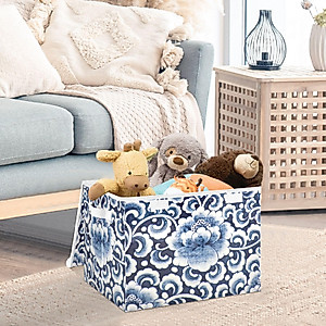 VIGTRO Blue and White Flower Storage Bins with Lids Foldable Storage Boxes with 2 Handles, Chinese Tradition Decorative Storage Basket Collapsible for Clothes Books
