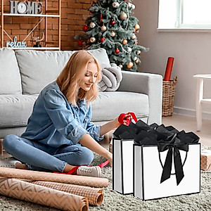 12 pcs White Gift Bags with Handles 12.5x4.5x10 Inches Large Paper Bags with Bow Ribbon and Tissue Paper Gift Wrap Bags for Birthday Bridesmaid Party Wedding Baby Shower Valentines, White-Black