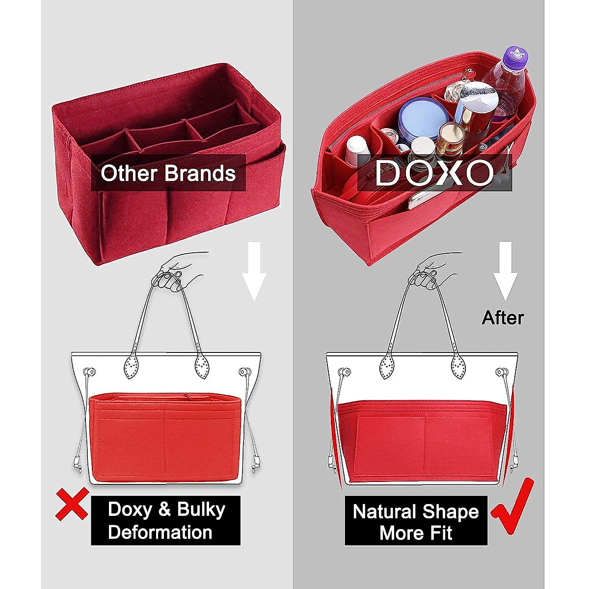 Doxo Purse Organizer Insert for Handbags & Base Shaper 2pc Set,Felt Organizer Insert Large Tote,Bag Organizer with Zipper 7 Sizes,Fit Speedy Neverfull MM/City33 and More(Red-L-Combination)