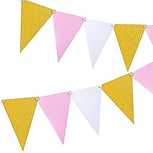 Glittery Paper Pennant Banner Triangle Flags Bunting 8.5 Feet and Tissue Paper Tassels Garland 15 pcs for Birthday Party, Wedding, Bridal Shower Decorations, Glittery Gold+Pink+White