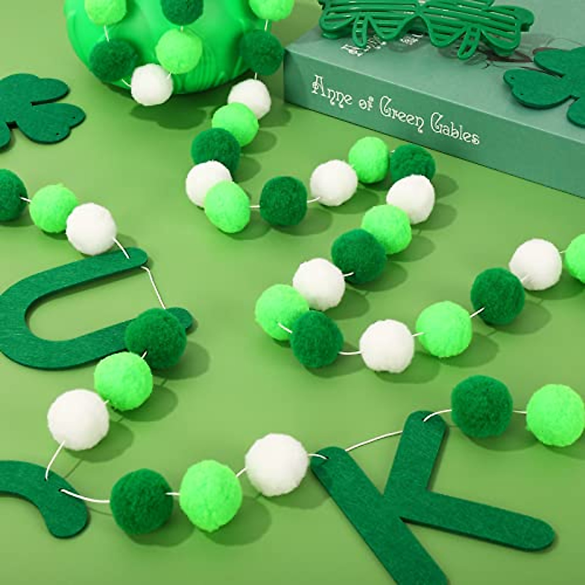 Whaline 3Pcs St. Patrick's Day Felt Pom Pom Banner Lucky Shamrock Clover Felt Garland Green White Pom Ball Banner Decorative Hanging Bunting Garland for Home Wall Decor Irish Party Supplies, 8.2Ft