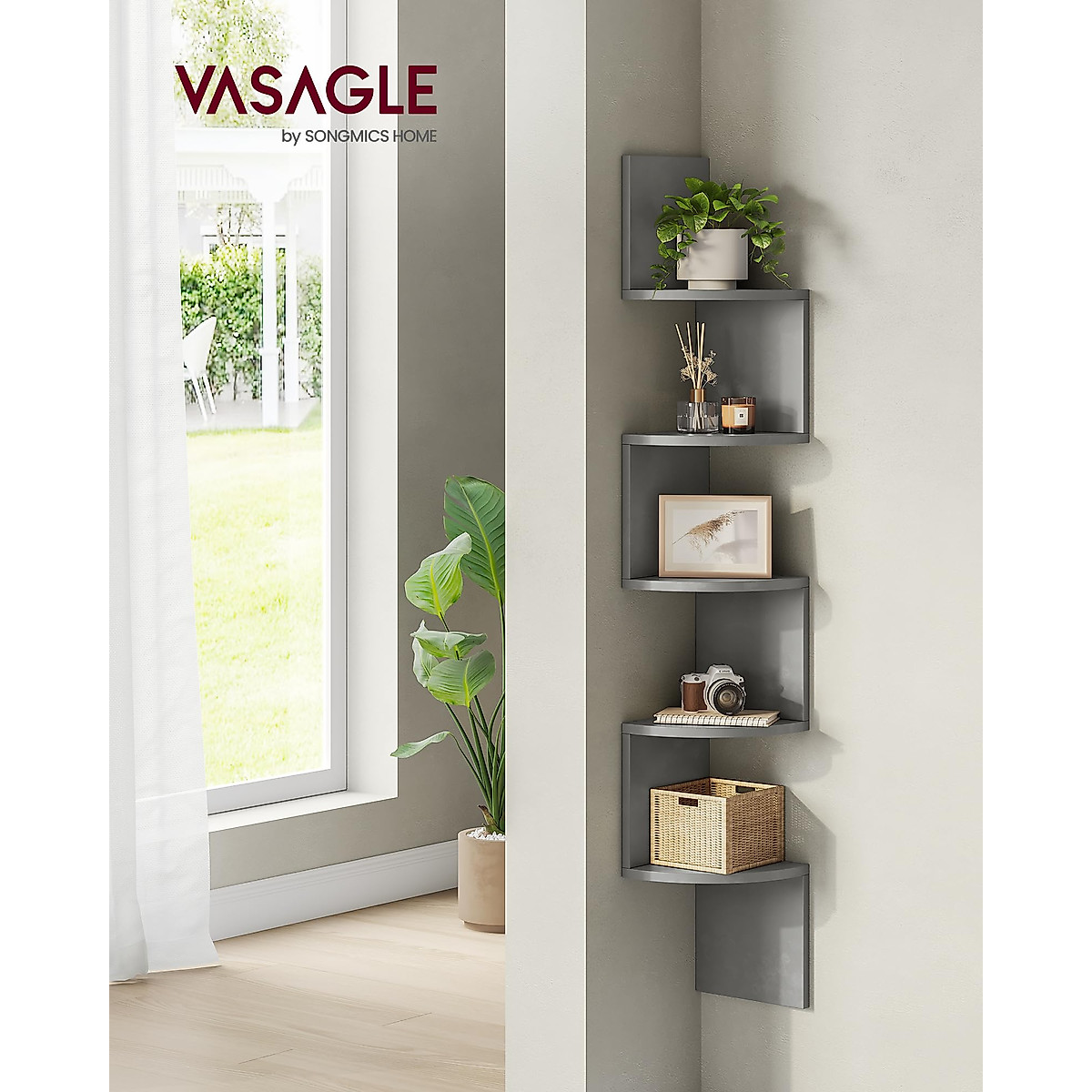 VASAGLE Corner Shelf Wall Mount, 5-Tier Floating Corner Bookshelf, Plant Shelf for Bedroom, Living Room, Bathroom, Home Office, Dove Gray