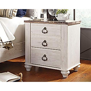 Signature Design by Ashley Willowton Farmhouse 2 Drawer Nightstand with USB Charging Ports, Whitewash