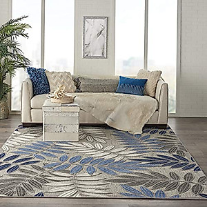Nourison Aloha Indoor/Outdoor Grey/Blue 7'10" x 10'6" Area Rug, Easy Cleaning, Non Shedding, Bed Room, Living Room, Dining Room, Backyard, Deck, Patio (8x11)