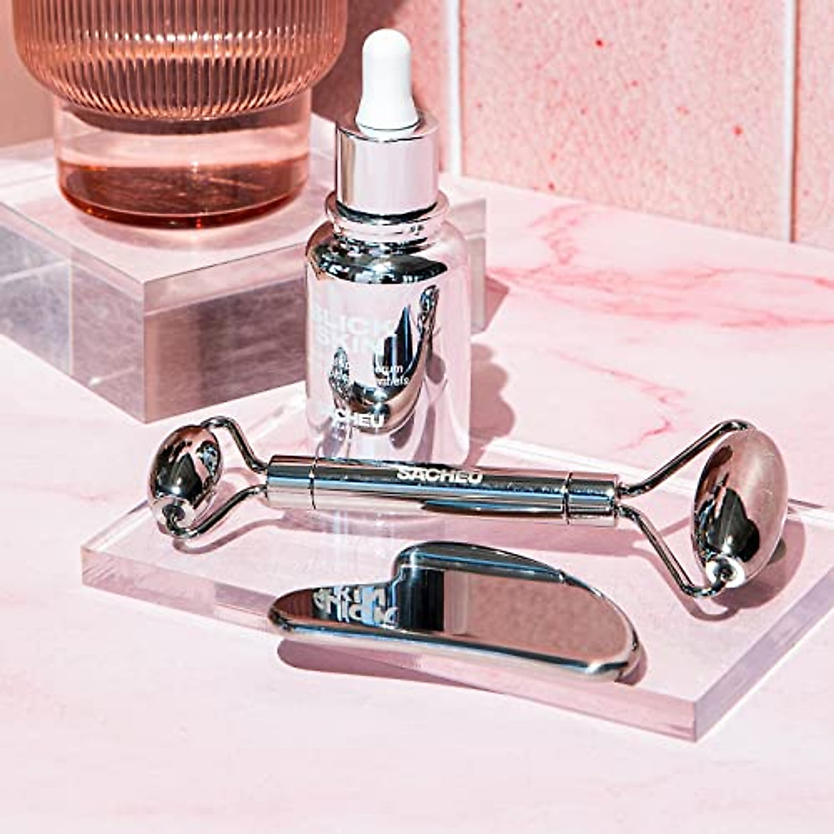 SACHEU Stainless Steel Gua Sha - Metal Gua Sha, Gua Sha Facial Tools Stainless Steel, Reduce Puffiness, Lymphatic Drainage, Facial Tension, Durable Stainless Steel Gua Sha Tool with Travel Pouch