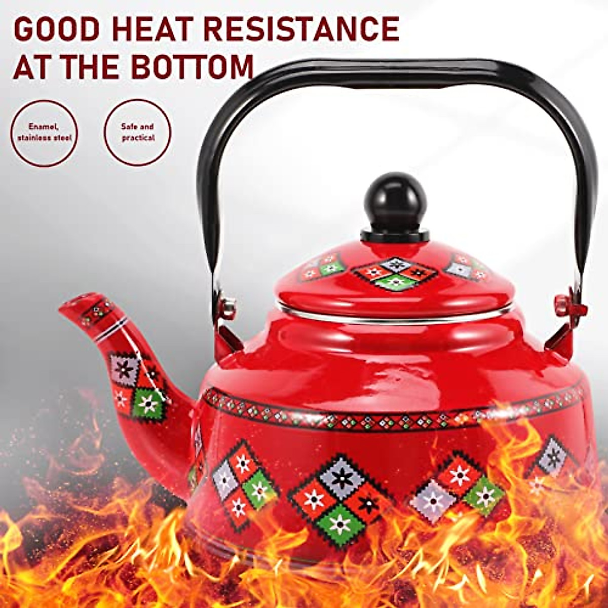 DOITOOL Enamel Tea Kettle Vintage Stovetop Tea Pot Hot Water Boiling Kettle Gas Cooker Kettle Coffee Pot with Handle 2.5L Red