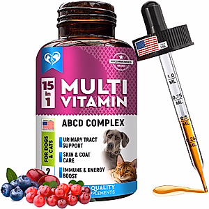Cat & Dog Multivitamin Liquid with Glucosamine & Cranberry | 15 in 1 Health Supplements for Urinary Tract Kidney, Bladder, Hip & Joint, Skin & Coat | Natural UTI Medicine Made in USA (60 ml)