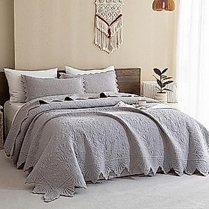 CozyTide Grey King Size Quilt Bedding Sets(110"x98"),Cotton Bedspreads Coverlet King Size 3pcs (1 Elegant Scalloped Edge Gray Quilt and 2 Pillow Shams) Farmhouse Cotton Quilts California King Summer