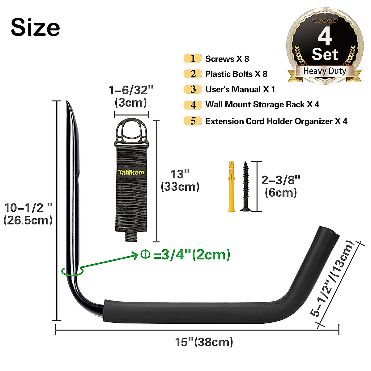 Tahikem 4 Pcs Kayak Rack Wall Mount, Canoe Hanger Hooks, Kayak Storage Hook, Garage Hanger Ladder Brackets, for Hanging Outdoor Beach Folding Chair Bicycle Surfboard Snowboard Paddle Board - Black