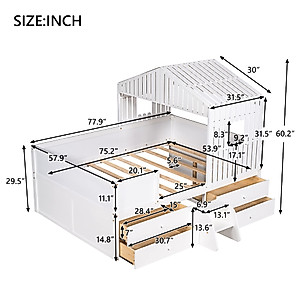 House Low Loft Bed with Trundle and Full-Length Guardrails,Wooden Bed Frame with with A Roof and Window for Bedroom (White with 4 Drawers, Full)