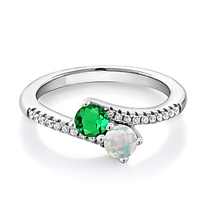 Gem Stone King 925 Sterling Silver Green Nano Emerald and White Opal Bypass Ring For Women (0.79 Cttw, Gemstone May Birthstone, Round 4MM, Available In Size 5, 6, 7, 8, 9)