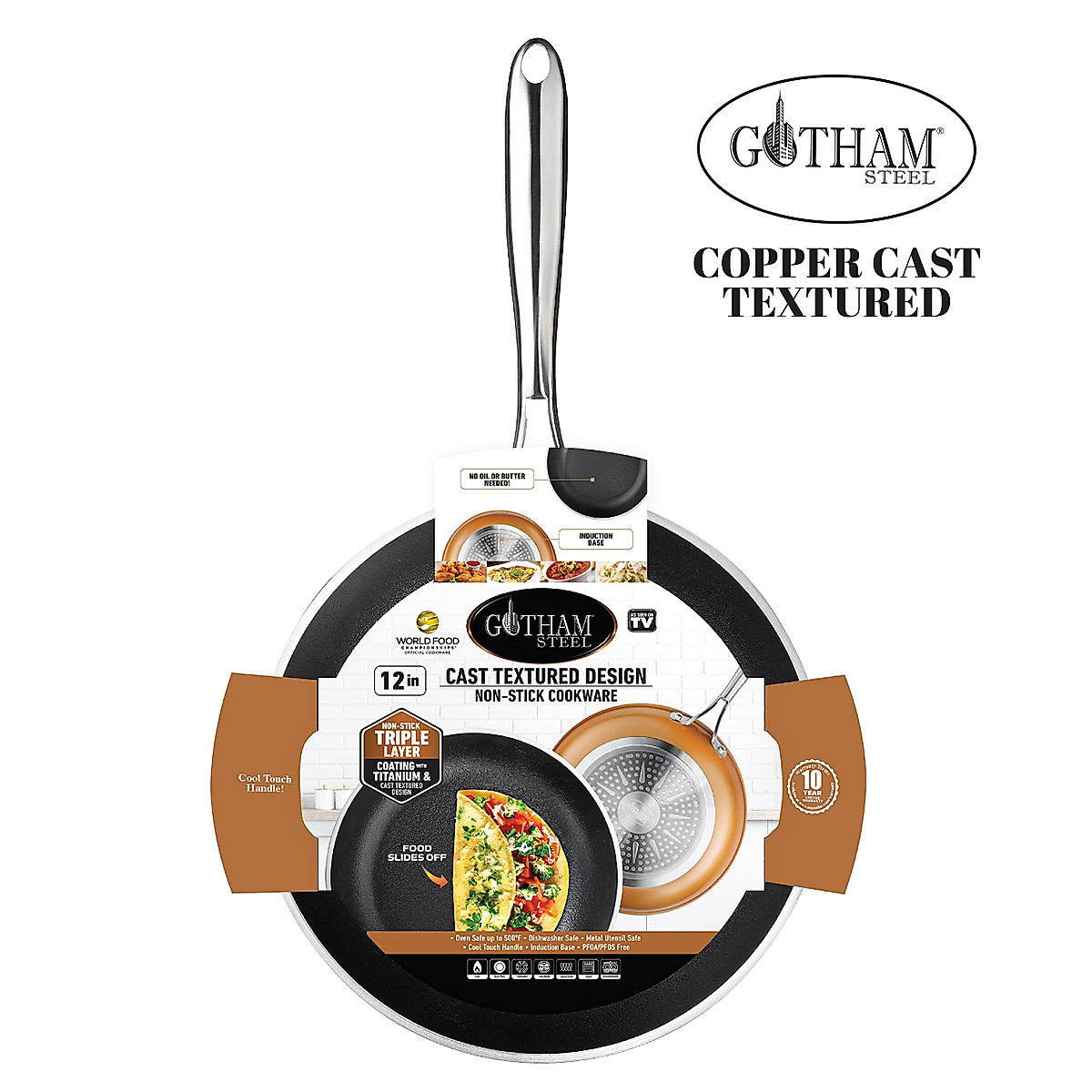 Gotham Steel Copper Cast 12” Large Nonstick Frying Pan with Ultra Durable Mineral and Diamond Triple Coated 100% PFOA Free, Skillet with Stay Cool Stainless-Steel Handle, Oven & Dishwasher Safe