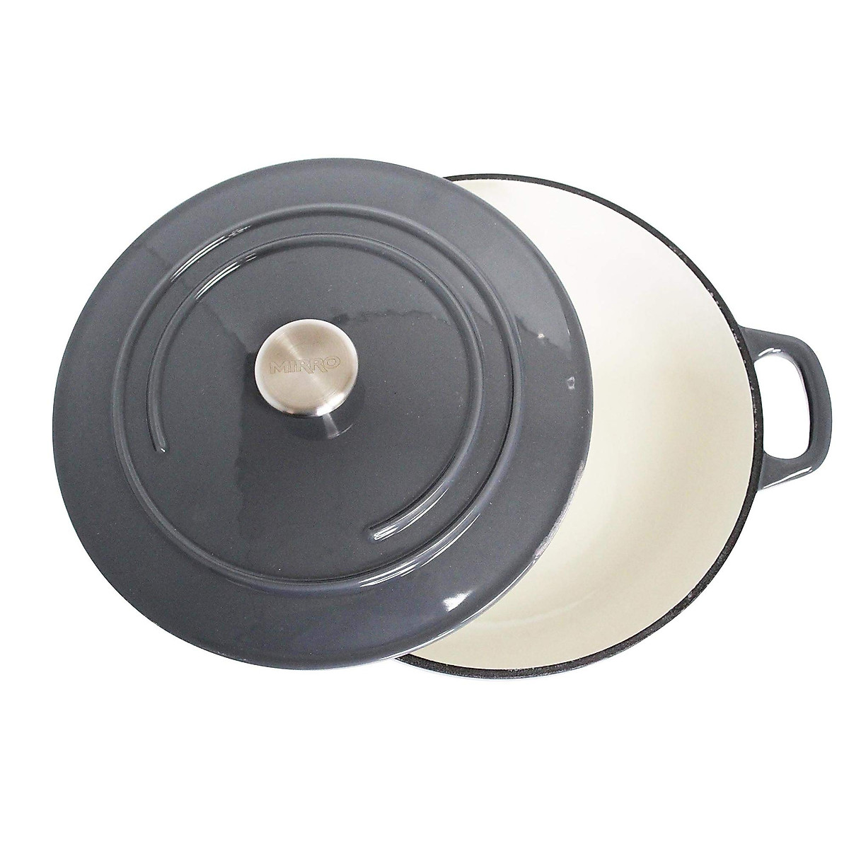 Mirro MIR-19059 4.8 Quart Cast Iron White Enamel Coated Interior Dutch Oven, Grey, Ready to Use
